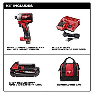 Milwaukee 2850-21P SB M18 Compact Brushless Cordless 0.25 Inch Impact Driver Kit with 1 Battery