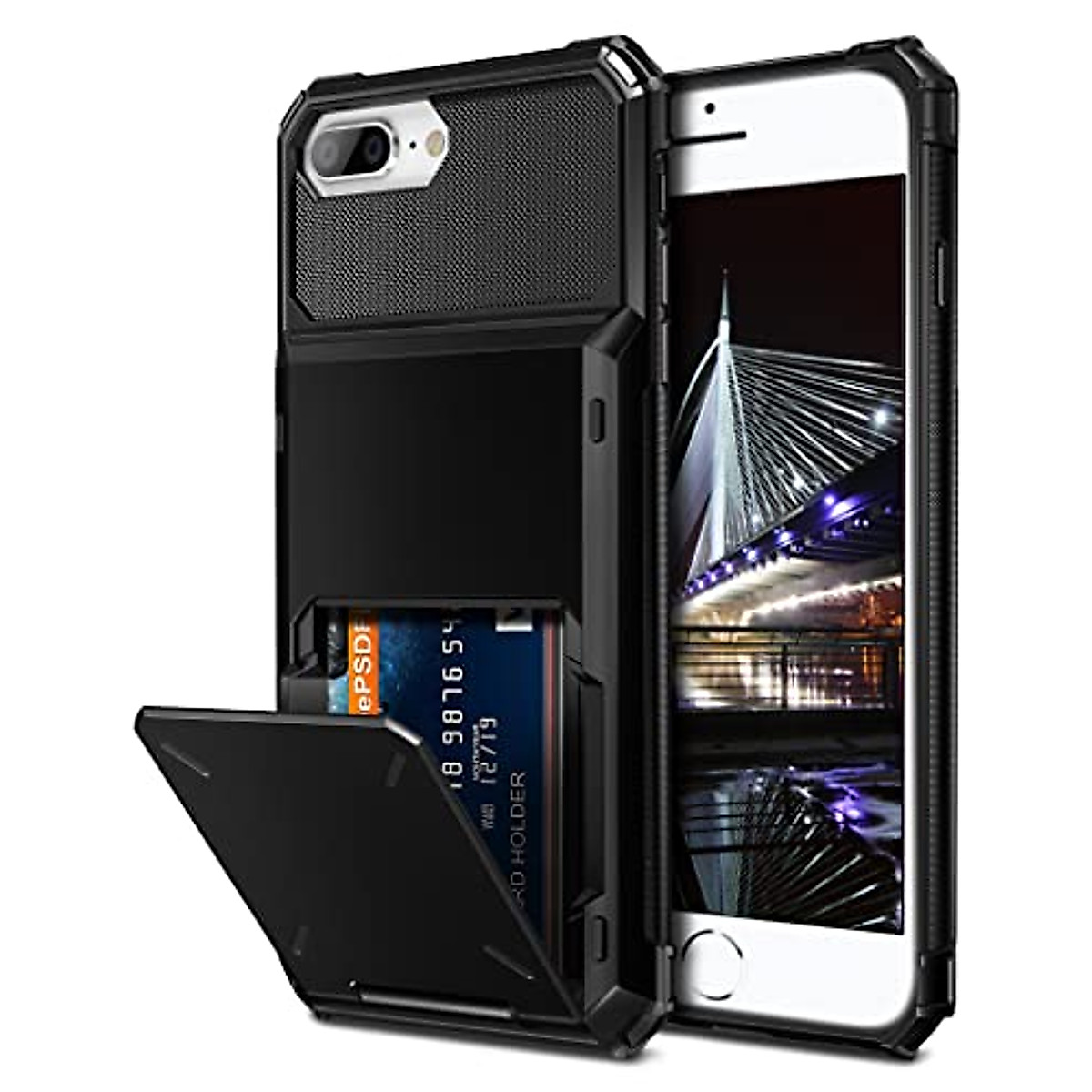 Vofolen Case for iPhone 8 Plus 7 Plus 6s Plus Wallet Card Holder 4-Slot Pocket Scratch Resistant Dual Layer Protective Bumper Rugged Rubber Armor Hard Shell Cover for iPhone 6 6S 7 8 Plus Black