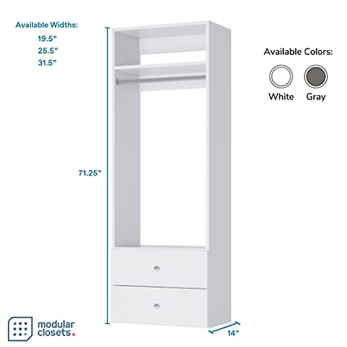 Hanging Closet Unit with Drawer (2) - Modular Closet System for Hanging - Corner Closet System - Closet Organizers and Storage Shelves (White, 25.5 inches Wide) Closet Shelves