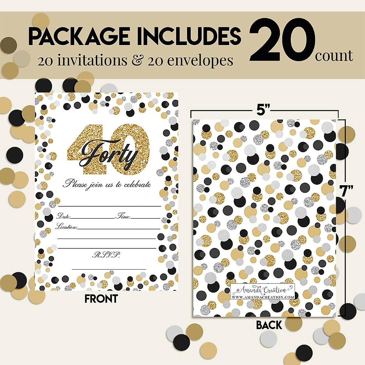 Confetti Polka Dot 40th Birthday Party Invitations, 20 5x7 Fill In Cards with Twenty White Envelopes by AmandaCreation