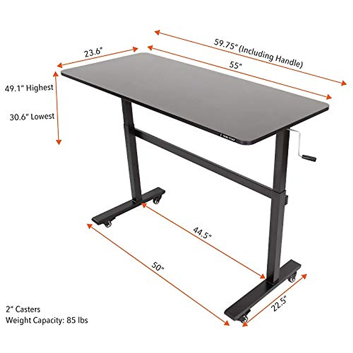 Stand Steady Tranzendesk | 55 Inch Standing Desk with Attachable Wheels| Easy Crank Height Adjustable Sit to Stand Workstation | Modern Ergonomic Desk Supports 3 Monitors (55 / Black)
