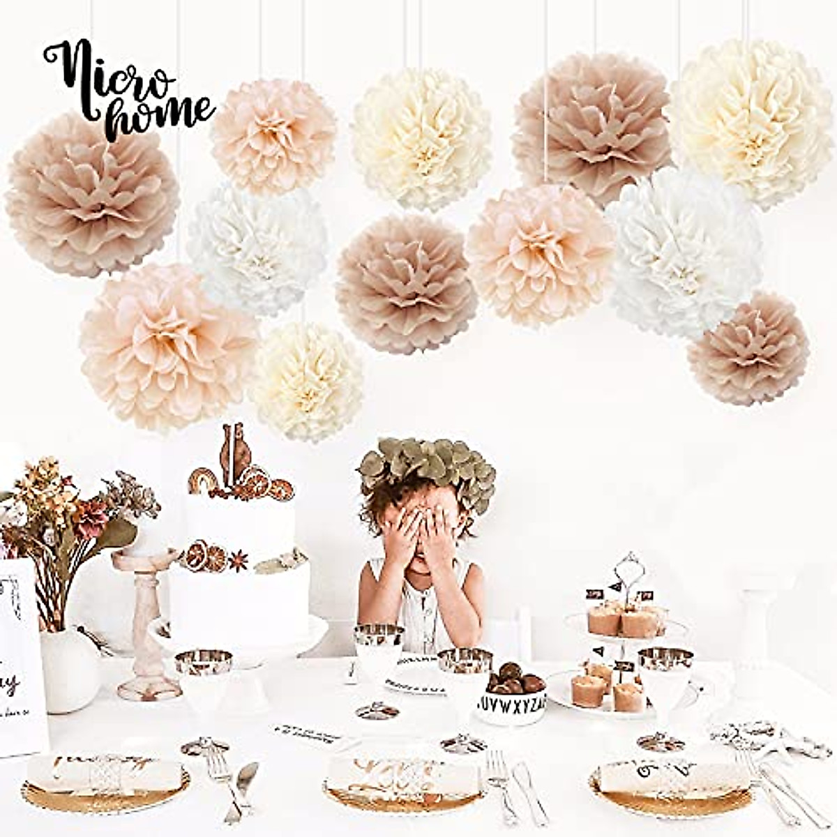NICROHOME Wedding Decorations, 12 PCS Champagne Tissue Paper Pom Poms, Creamy White Paper Flowers for Engagement Receptions, Bachelorette, Birthday, Bridal Showers Party Supplies