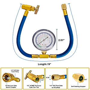 Belleone R134a Refrigerant Recharge Kit, AC Recharge Hose Kit with Gauge, R134a Freon Can Tap Recharging Hose with Detachable R134a Quick Coupler, R134a Self-Sealing Adapter for AC Refrigerant System