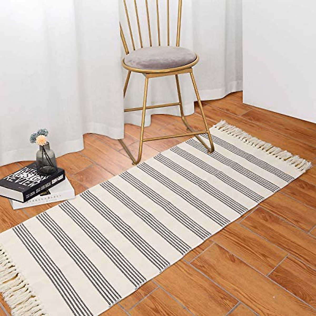 Black Striped Runner Rug,2’x4.3’ Modern Cotton Area Rug with Tassel Washable Doormat for Porch Entryway Bedroom Bathroom Living Room