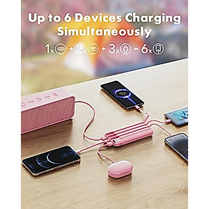 Portable Charger with Built in Cables, Portable Charger with Cords Wires Slim 10000mAh Travel Essentials Battery Pack 6 Outputs 3A High Speed Power Bank for iPhone Samsung Pixel LG Moto iPad