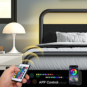 Catrimown Full Size Bed Frame with Wood Headboard, Metal Bed Frame with Under Bed Storage, Black Bed Frame with 20 LED Light Modes, Noise Free, No Box Spring Needed, Black