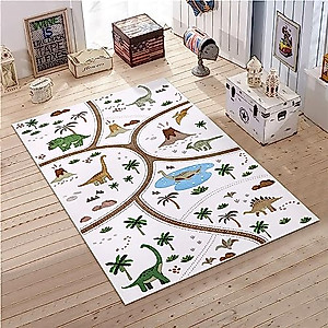 Lukinbox Kids Carpet Playmat Rug for Playroom, 4' x 6' Dinosaur Road Traffic Play Mat for Bedroom, Large Non-Slip Washable Children Nursery Area Rugs Baby Crawling Mat for Kids Room Safe Area
