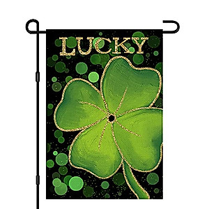 Lucky St Patricks Day Small Garden Flag 12x18 Inch Vertical Double Sided Burlap, Green Shamrock Sign Farmhouse Holiday Yard Outside Decoration DF201