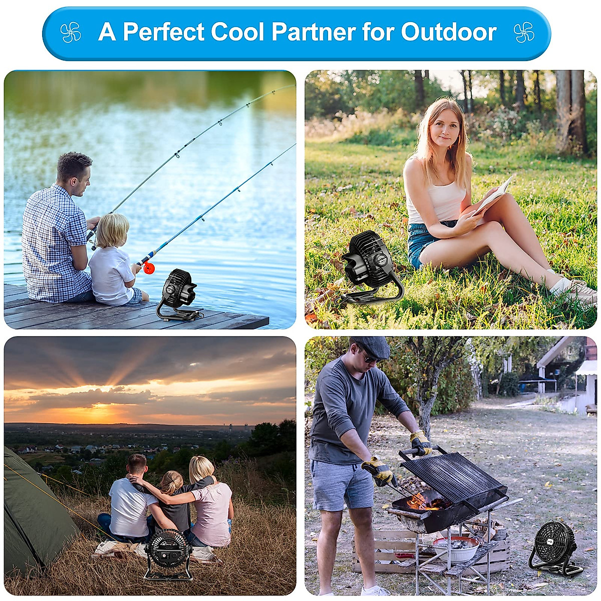 VCOLBON Small Rechargeable Portable Camping Fan, 360° Adjustable Outdoor Battery Operated Cordless Table Fan, 8-Inch 12 LED Stepless Speeds Quiet Bedroom Desk Fans for Home Office Travel Tent, Black