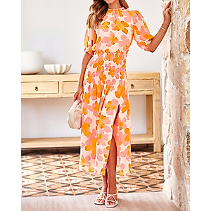 PRETTYGARDEN Women Summer Casual Ruffle Mock Neck Dress 2023 Short Sleeve Smocked Slit Boho Floral Midi Beach Dresses(Floral White Yellow,Large)