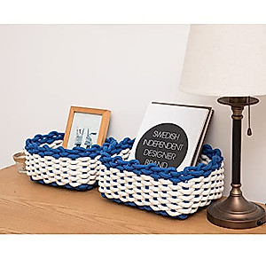 R RUNKA Small Rope Baskets for Clothes, Toys, Towels, Books - Set of 3,Decorative Baskets for Home Decor,Small Baskets for Gifts | Boho Baskets, Small Woven Basket for Nursery (Blue & Off White)