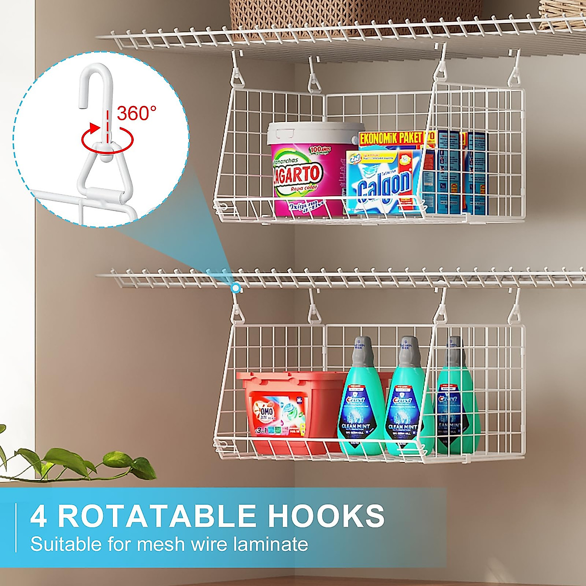 3-Tier Hanging Laundry Basket Organizer：Foldable Wire Shelf Laundry Room Organizer with 360°Rotating Hooks Space Saving Over Washer and Dryer Shelves - Metal laundry organization and storage, white
