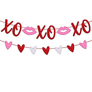 XOXO Banner for Valentine's Day Romantic Anniversary Engagement Wedding Bridal Shower Proposal Kiss Me Love Heart Garland Party Supplies Sparkle Glitter Decorations