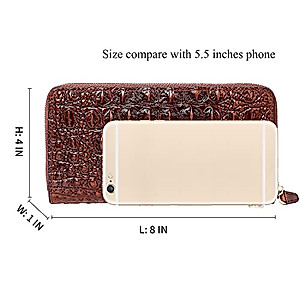 PIJUSHI Wristlet Wallet Crocodile Leather Wallets for Women Ladies Clutch Purse (1058 Brown)