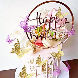 3D Purple Gold Butterfly Wall Stickers, 24 PCS 3 Sizes Butterfly Wall Decals, Removable Metallic Gold Wall Sticker Room Mural for Paper Art Party Cupcake Kids Bedroom Classroom Wedding Balloon Decors