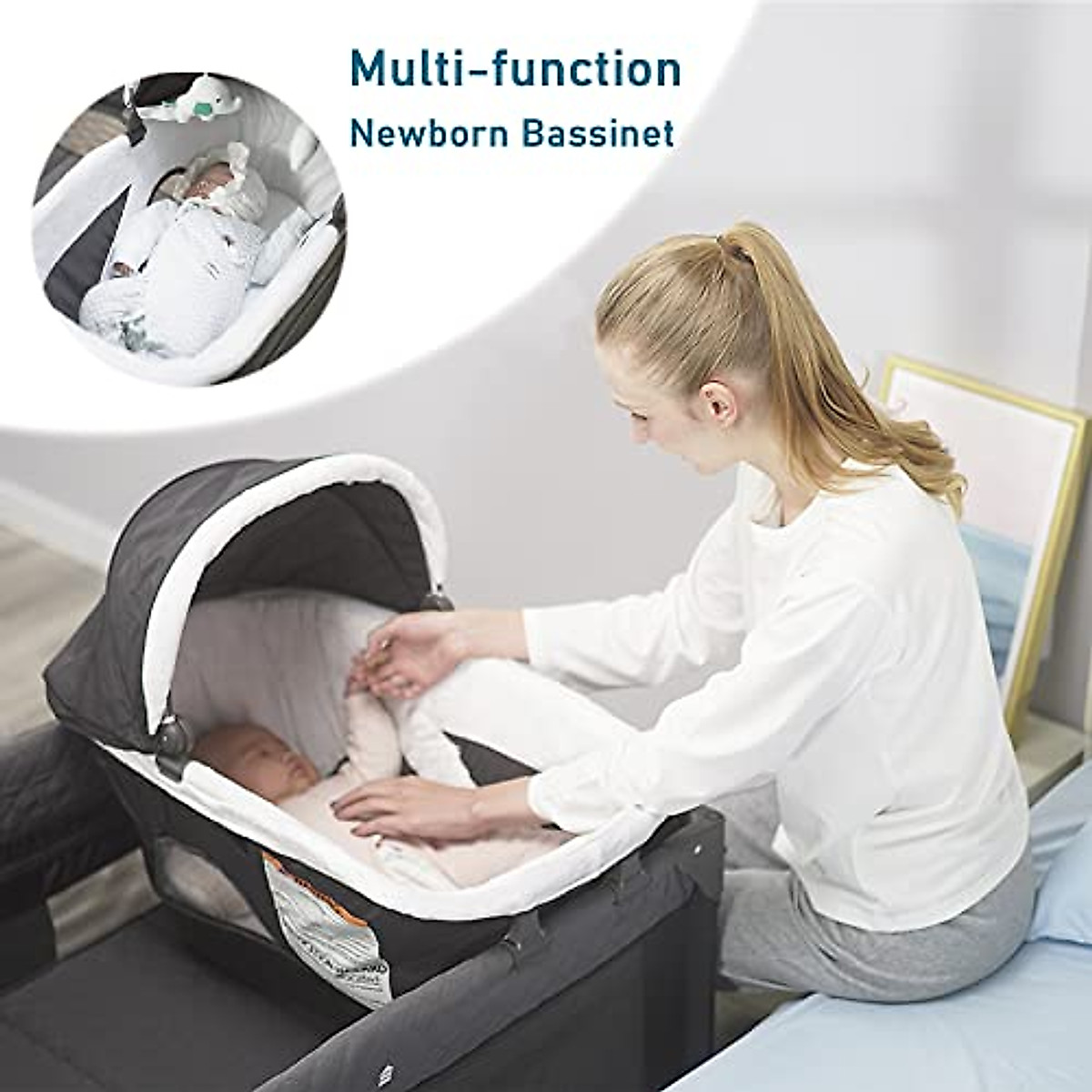Pamo Babe Portable Crib for Baby, 4 in 1 Baby Nursery Center, Baby Playard with Changing Table, Bassinet and Mattress(Grey）