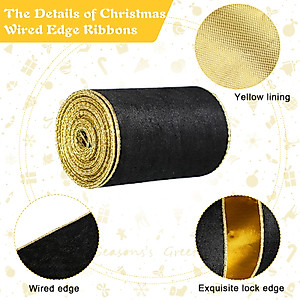WILLBOND 2 Rolls Christmas Red Velvet Ribbon Wired Edge Trim Wrapping Fabric Christmas Ribbon for Gift Wrapping Bow Wedding Decoration Craft(4 Inch x 6 Yards,Black)
