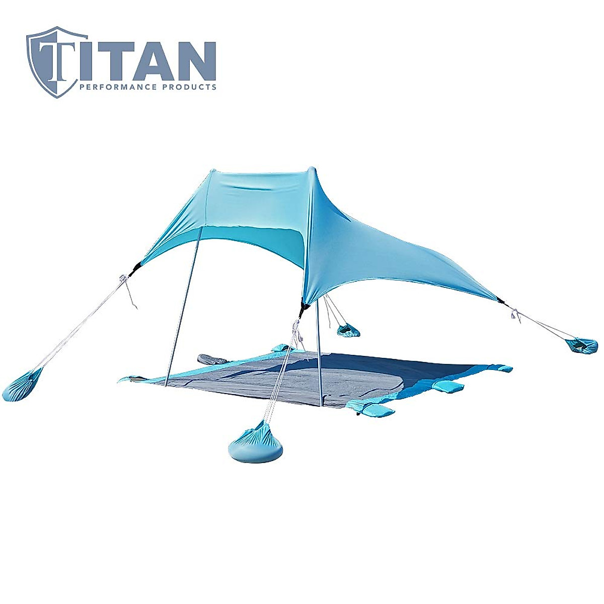 Titan Beach Canopy Sky Blue Sunshade with Sandbag Anchors and Mat - 7ft x 7ft - UPF 50+ - Tent Includes Carry Bag - Weighs 5 Pounds - Portable, Family Sun Protection for The Beach, Park or Camping