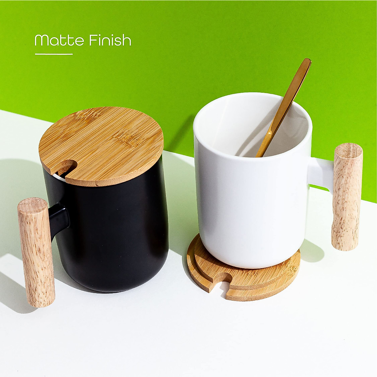 Tea Cup- Tea Cup with Lid- Coffee Mug With Lid- Ceramic Mugs with Ergonomic Wooden Handle & Lid- Matte-Finish Tea Mug- Tea Travel Mug with Spoon- Coffee or Tea Mugs by Samora (Black & White, Set of 2)