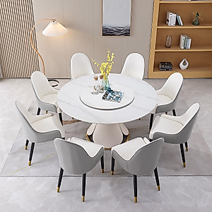 Runboll 59" Sintered Stone Round Dining Table with Detachable Lazy Susan Modern Dinner Table with 31.5" Round Turntable, PU Leather and Metal Pedestal(Not Included Chairs)