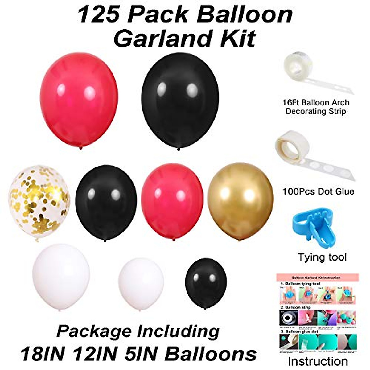 Black White Red Balloon Garland Kit, 125 Pack Balloons Garland Kit Including 18INCH Black Red Balloons Ideal for Casino Card Night Poker Las Vegas Party Decorations