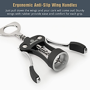Manual Wine Opener - Multifunctional Zinc Alloy Premium Wing Corkscrew Wine Bottle Opener - Built-In Beer Cap Openers Accessories - Used In Kitchen, Restaurant & Bar (Black)