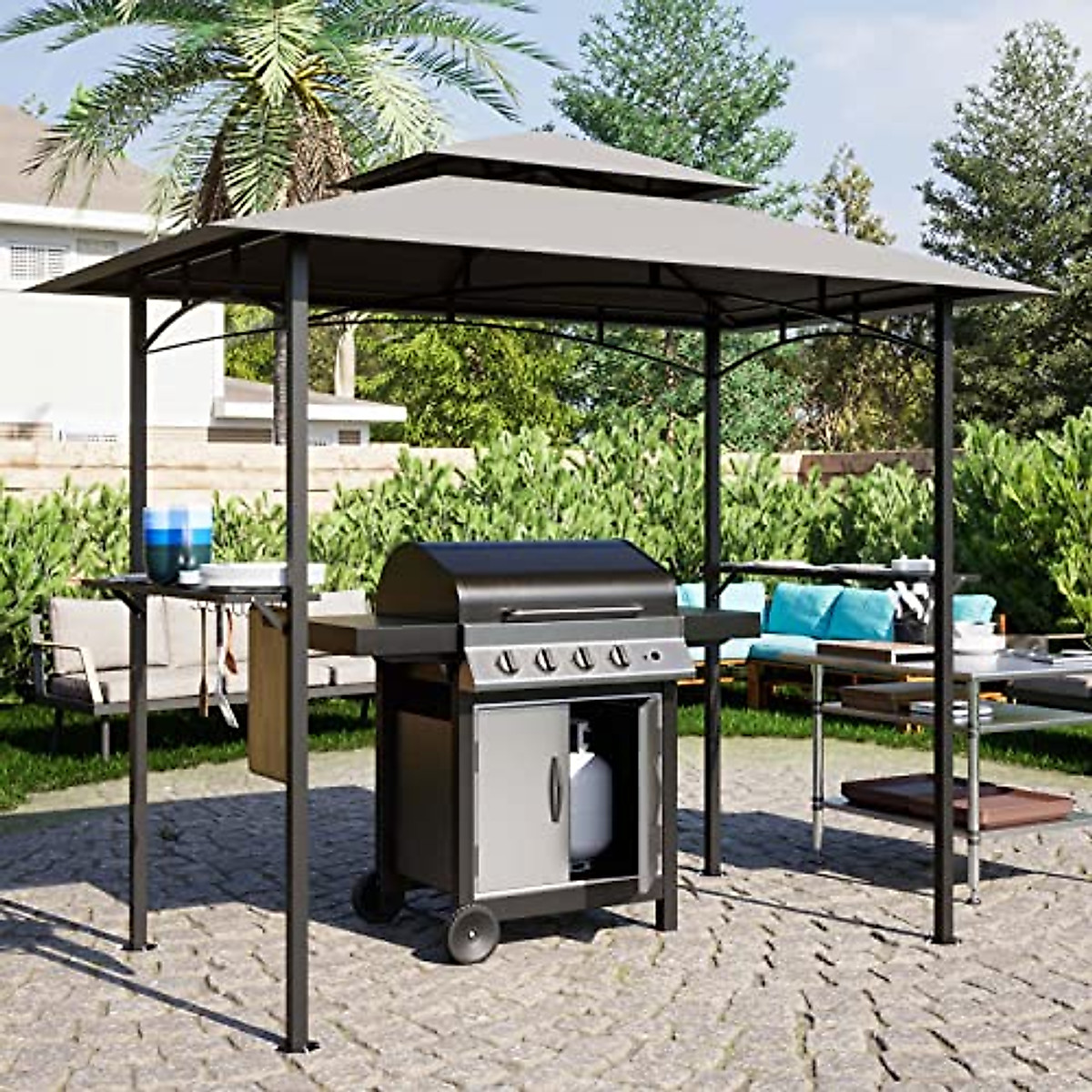 Grill Gazebo 8X 5 FT Double Tiered BBQ Gazebo Grill Canopy with 2 Side Shelves, 5 Hooks and Bottle Opener, Patio Canopy Tent, Outdoor Gazebo Tent Outdoor BBQ Canopy (Gray)