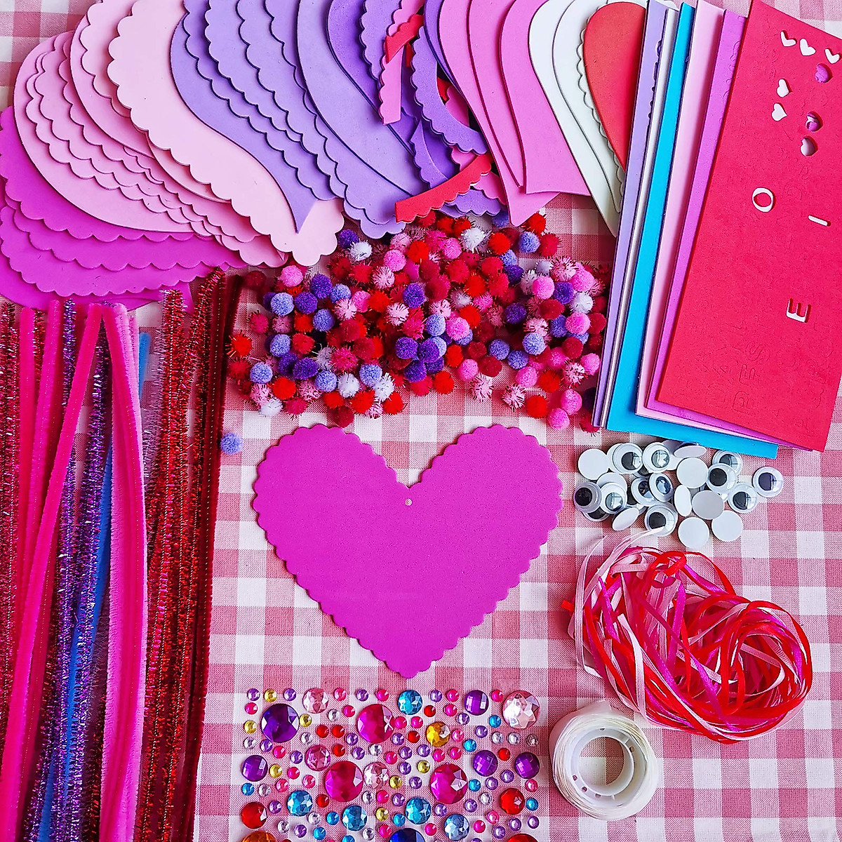Winlyn 24 Sets Valentine's Day Heart Ornaments Decorations DIY Foam Heart Valentine Craft Kits Assorted Foam Heart Shapes Stickers Pom-poms Googly Eyes for Kids Classroom Art Activity Gift Exchange