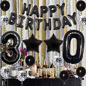 JOYMEMO 30th Birthday Decorations Black - Dirty 30 Foil Balloon & Cake Toppers, Happy Birthday Banner, Black Star Confetti Balloons, Foil Fringe Curtain for Men Women Thirty Birthday Party Supplies