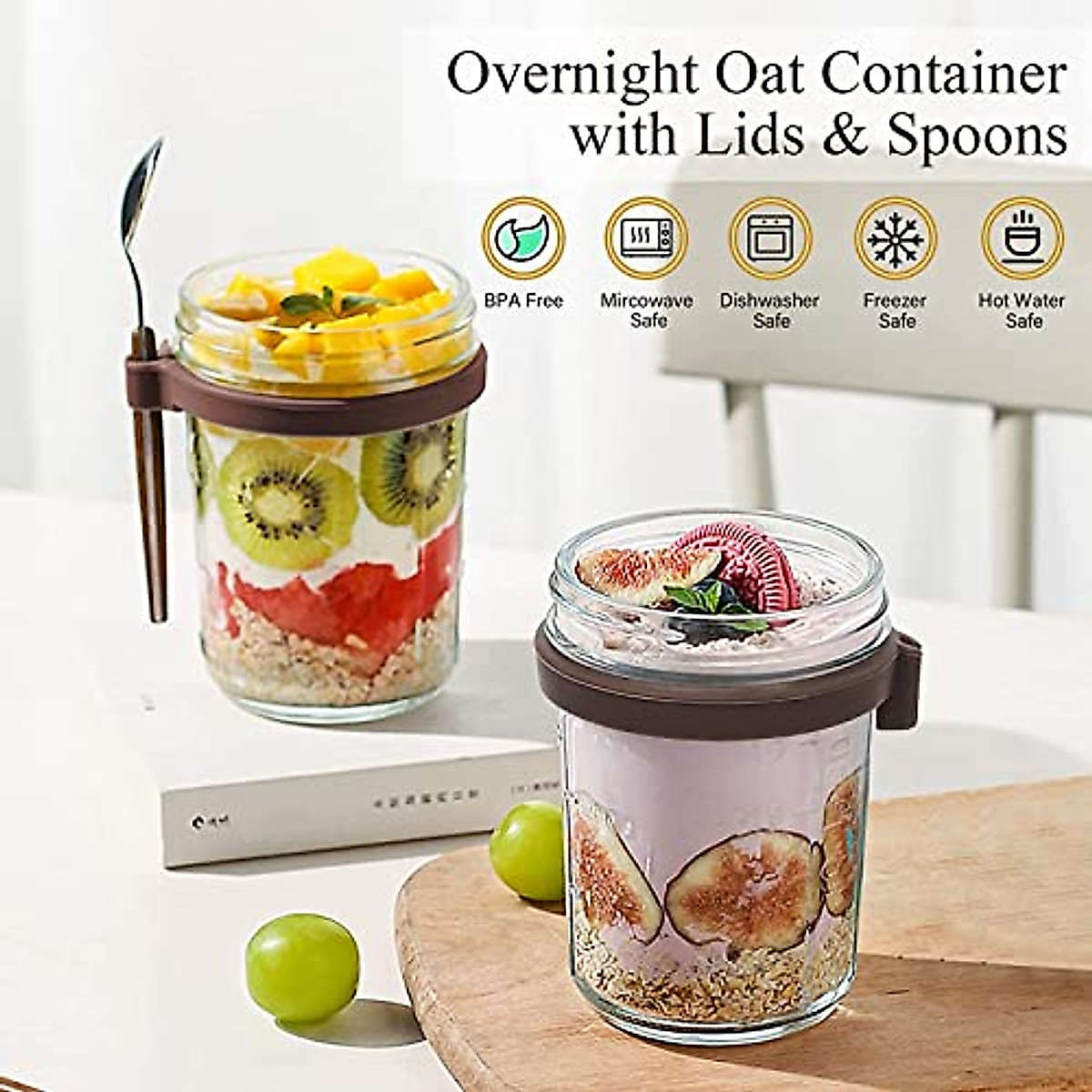 KesaPlan Overnight Oats Containers with Lid and Spoon, 10oz Airtight Large Capacity Mason Jar, 2PCS Leak-proof Oatmeal Jars with Measurement Marks, Reusable On The Go Parfait Cups for Yogurt Cereal