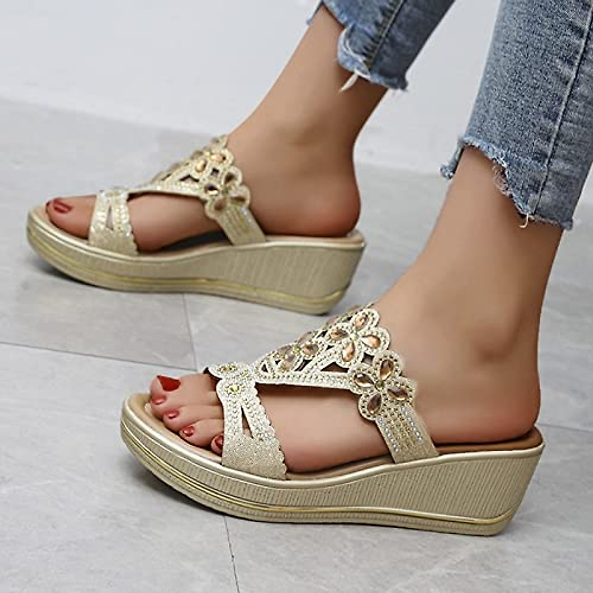 Aniywn Rhinestones Slides Sandals for Women Summer Open Toe Breathable Sandals Slip On Platform Wedge Casual Shoes