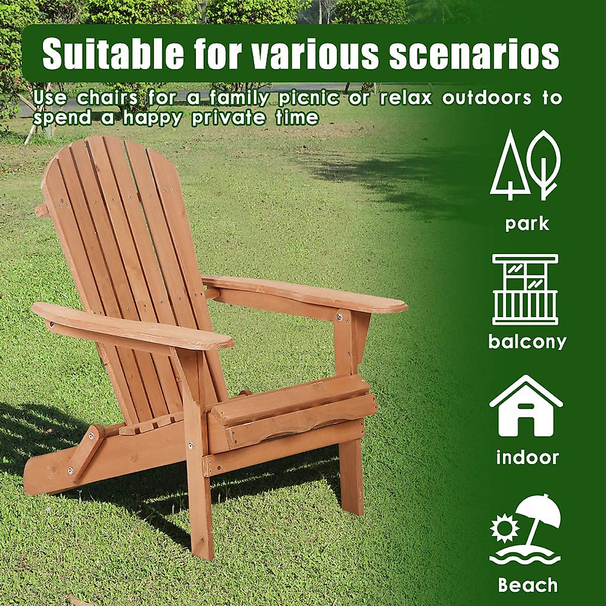 Adirondack Chair,Folding Wooden Lounger Chair，All-Weather Chair for Fire Pit/Garden/Fish with 250lbs Duty Rating，Natural