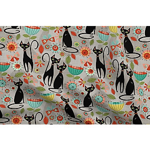 Spoonflower Fabric - 50'S Retro Cats Grey Vintage Feline Kitsch Black Cat Printed on Petal Signature Cotton Fabric Fat Quarter - Sewing Quilting Apparel Crafts Decor