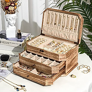 Honiway Jewelry Box 4 Layer Jewelry Organizer Rustic Wooden Jewelry Boxes for Women Girl Man Jewelry Storage with Large Capacity for Necklace Bracelet Earring Ring