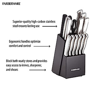 Farberware 15-Piece High-Carbon Stamped Stainless Steel Kitchen Knife Block Set with Steak Knives, Razor-Sharp Knife Set with Wood Block, Black