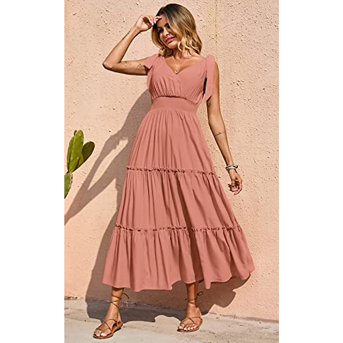 PRETTYGARDEN Women's Cross Neck Summer Sleeveless Tiered Maxi Dress Beach Tie Strap Smocked Long Dresses Pleated Sundress (Nude Pink,Medium)