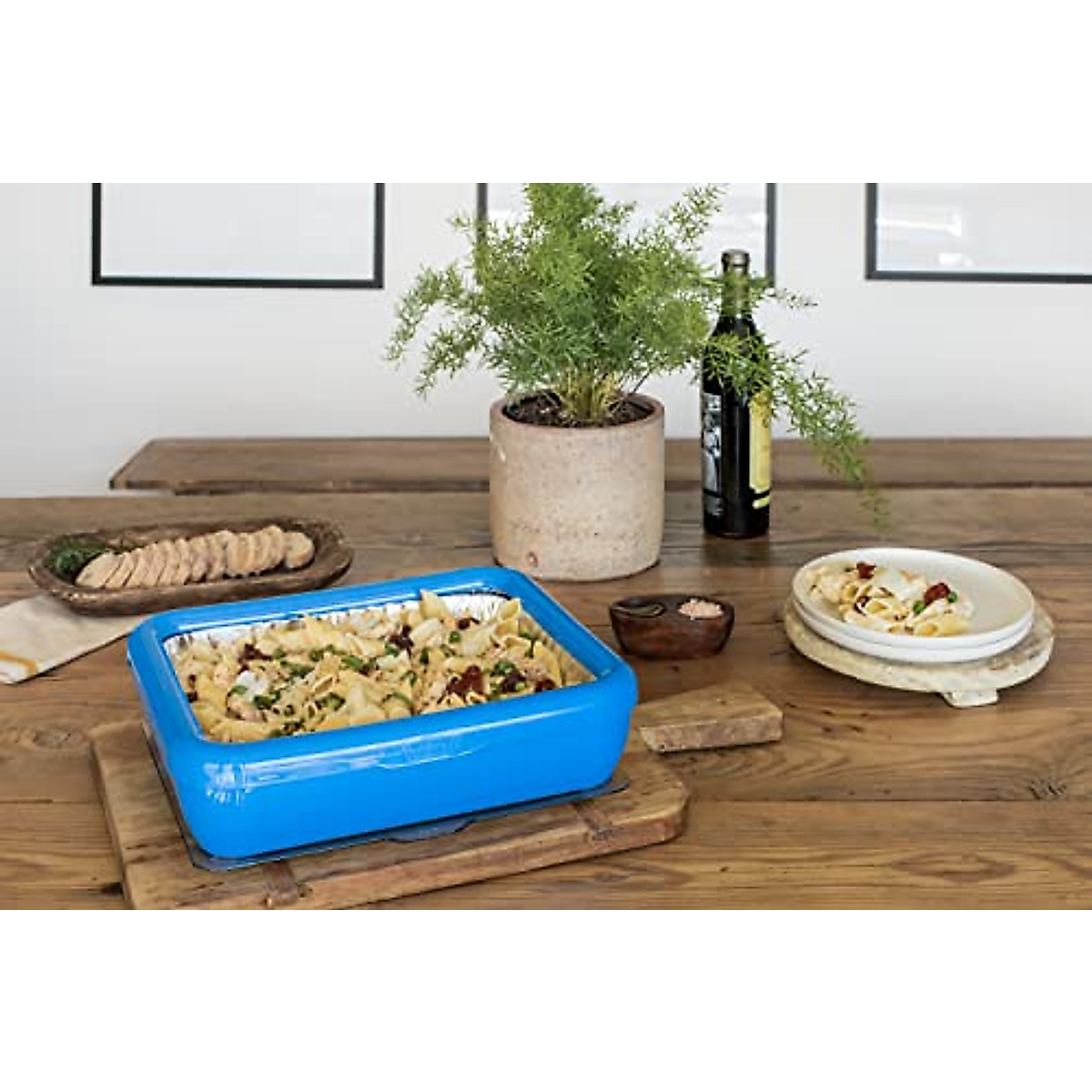Fancy Panz Premium Dress Up & Protect Your Foil Pan, Made in USA. Hot/Cold Gel Pack, One Half Sized Foil Pan & Serving Spoon Included. Stackable for easy travel. (Denim Blue)
