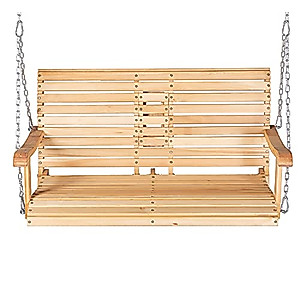 GDLF 4FT Porch Swing Chair Garden Patio Swing Bench Solid Wood Hanging Bench with Foldable Cupholder Heavy Duty Chains