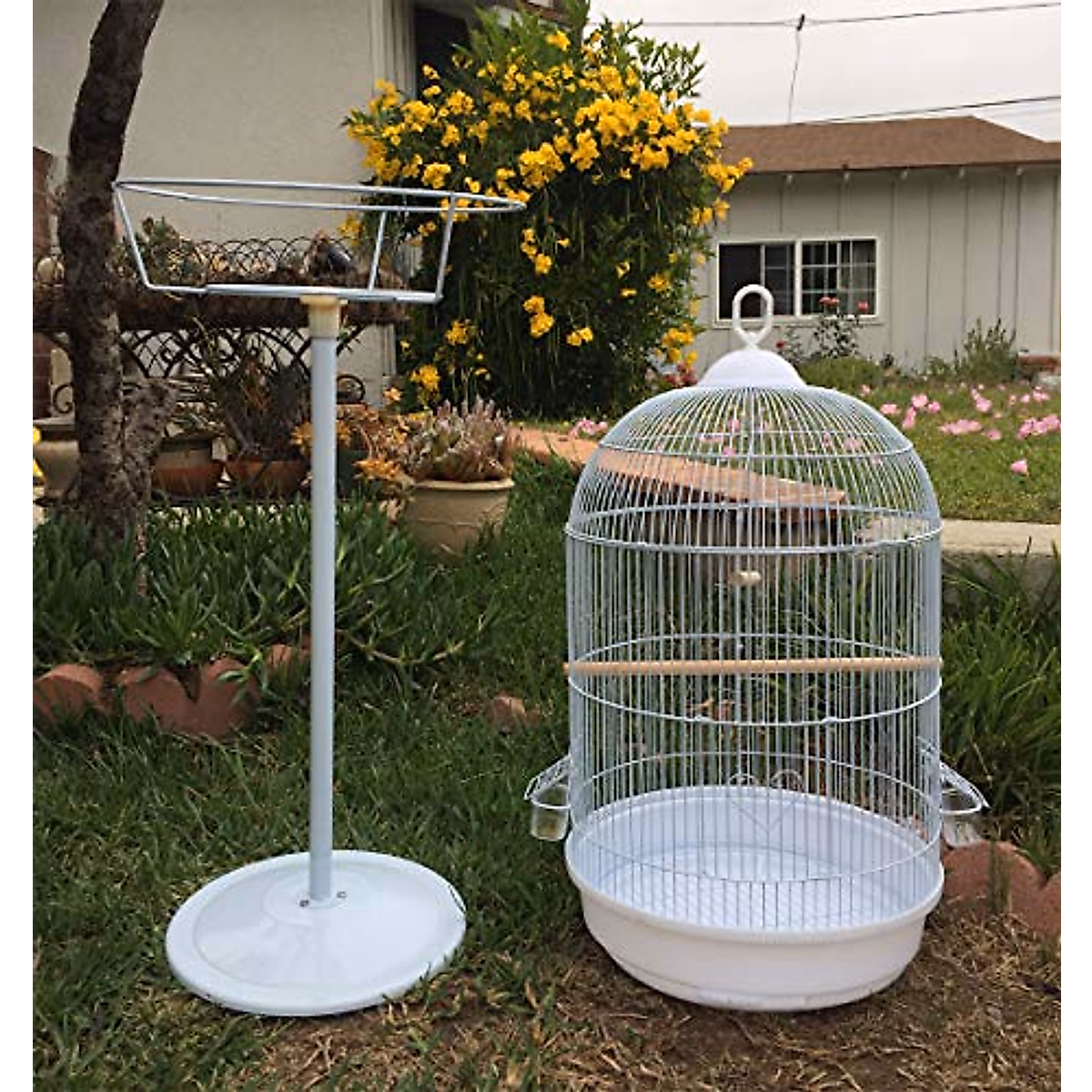 Round Bird Hook Cage with Stand for Finch Canary Cockatiel Parakeet Dome Top, Cage Only Dimension: 16" Diameter x 28" H, Cage and Stand: 16" D X 57" H (16" D X 57" H, White)