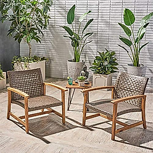 Great Deal Furniture Viola Outdoor Wood and Wicker Club Chairs (Set of 2), Teak Finish and Mixed Mocha