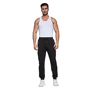 STICKON Mens Casual Joggers Sweatpants Closed Bottom Athletic Track Pants Winter Lounge Sweat Black Pants for Men with Zipper Pockets