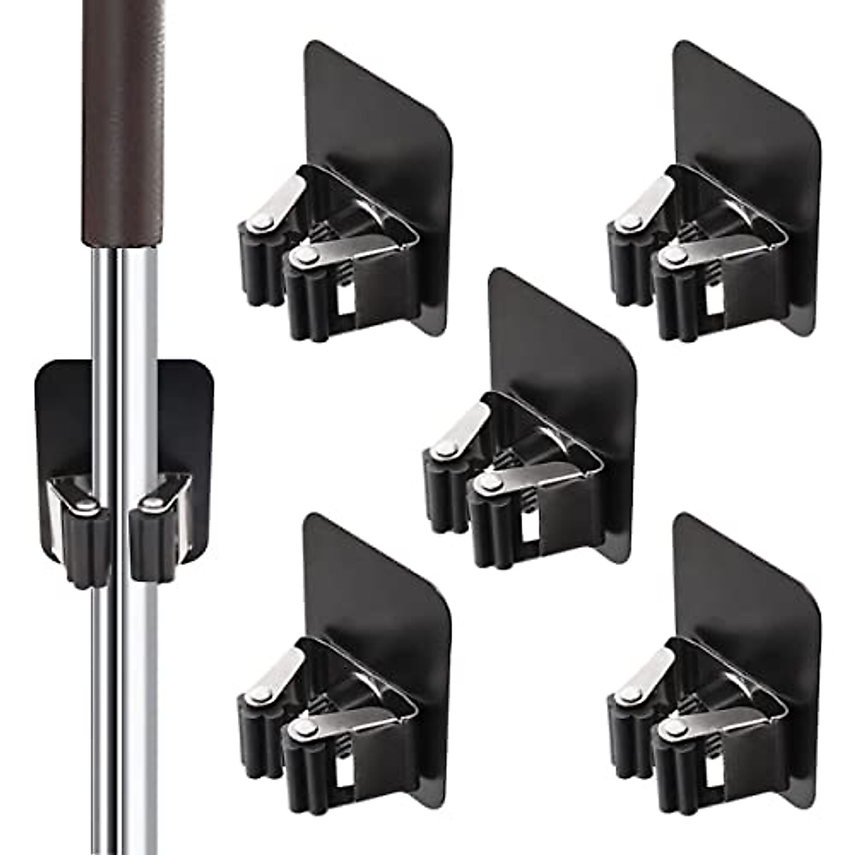 Seamaka 5PCS Broom Holder Wall Mount Stainless steel Mop Holder Self Adhesive ​Mop Grippers Heavy Duty Broom Hanger for Laundry Room Garden Tool Holder Bathroom Accessories Black O-008-BK