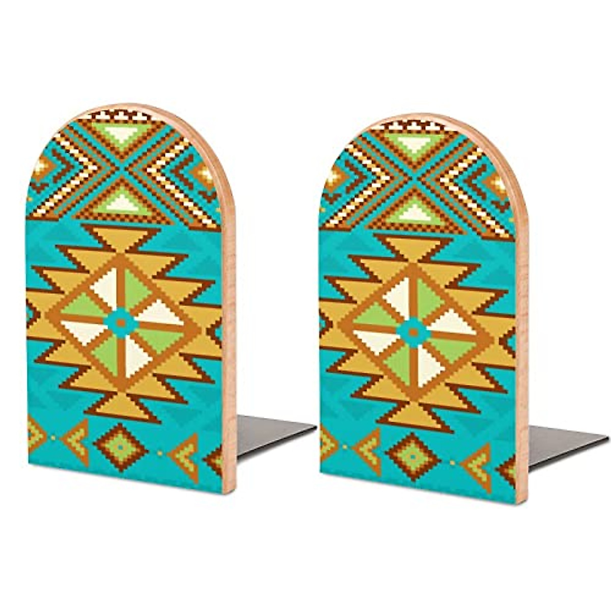 2 Pack Wood Bookends,Native Aztec Tribal Turquoise Decorative Book Ends Support for Shelves Desktop Organizer Wooden Bookshelf for Home School Office