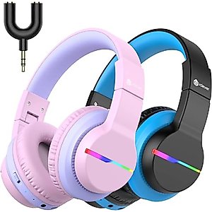iClever BTH12 Kids Bluetooth Headphones 2 Pack,Colorful LED Lights Wireless Kids Headphones,74/85/94dB Volume Limited,55H Playtime,Bluetooth 5.2,Over Ear Headphones for iPad/Tablet/Traveling