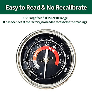 Quantfire Upgrade Replacement Thermometer for Kamado Joe,3.3" Grill Temperature Gauge Replacement for Kamado Joe Accessories 150-900°F with Waterproof and No-Fog Glass Lens