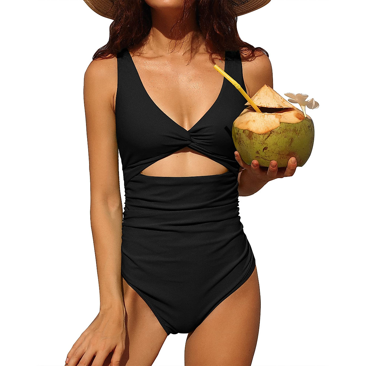 Charmo Womens One Piece Swimsuit Ruched Tummy Control High Cut Backless V Neck Bathing Suits Swimwear Black Large