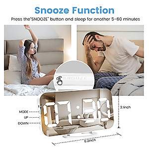 Muoigoe Digital Alarm Clock,Large Display LED And Mirror Desk Clock With Dual USB Charger Ports, 3 Levels Brightness,12/24H Alarm Clocks, Modern Electronic Clock for Bedroom Living Room Office - White