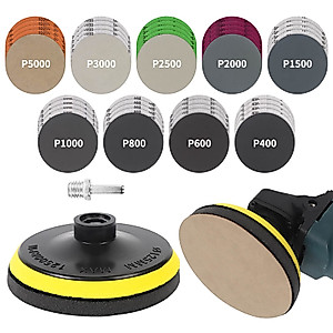 Pomsare 45PCS 5 Inch Wet Dry Sanding Discs Kit with Hook and Loop Backing Pad 5/8-11 and Foam, Angle Grinder Drill Sanding Attachment, Sander for Drill 400 to 5000 Grits Sandpaper for Wood Metal Car