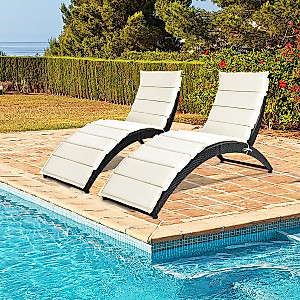 Tangkula Foldable Patio Lounge Chair, Outdoor Rattan Lounger Chaise, Portable Patio Chaise with Cushion, All-Weather Wicker Furniture for Garden Lawn Balcony Backyard Poolside (2, Beige)