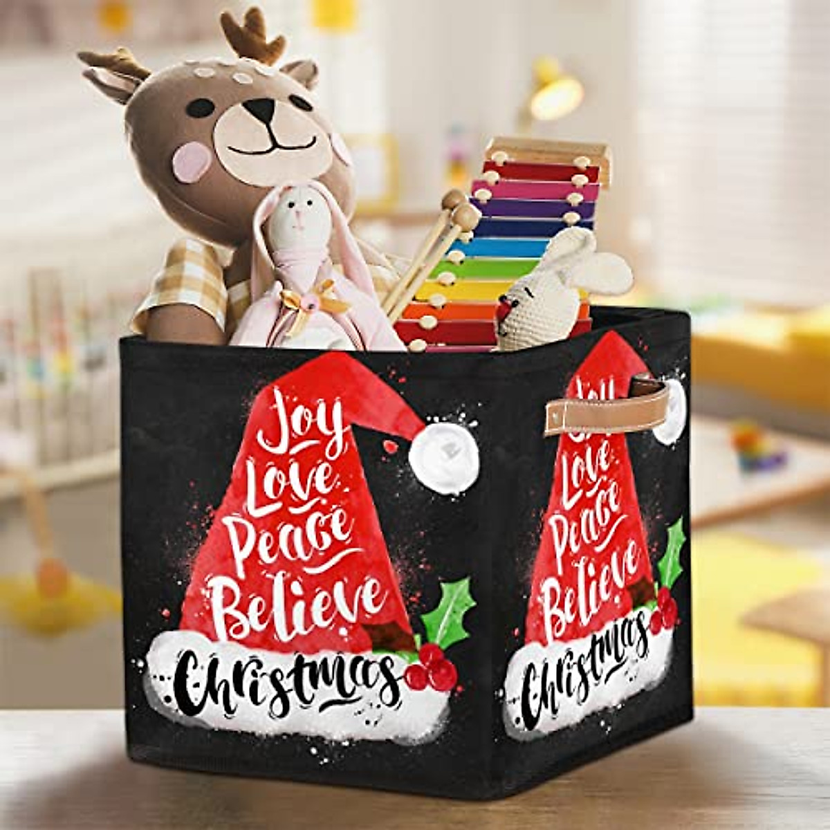 Large Collapsible Storage Bins,Christmas Hat Decorative Canvas Fabric Storage Boxes Organizer with Handles,Cube Square Baskets Bin for Home Shelves Closet Nursery Gifts